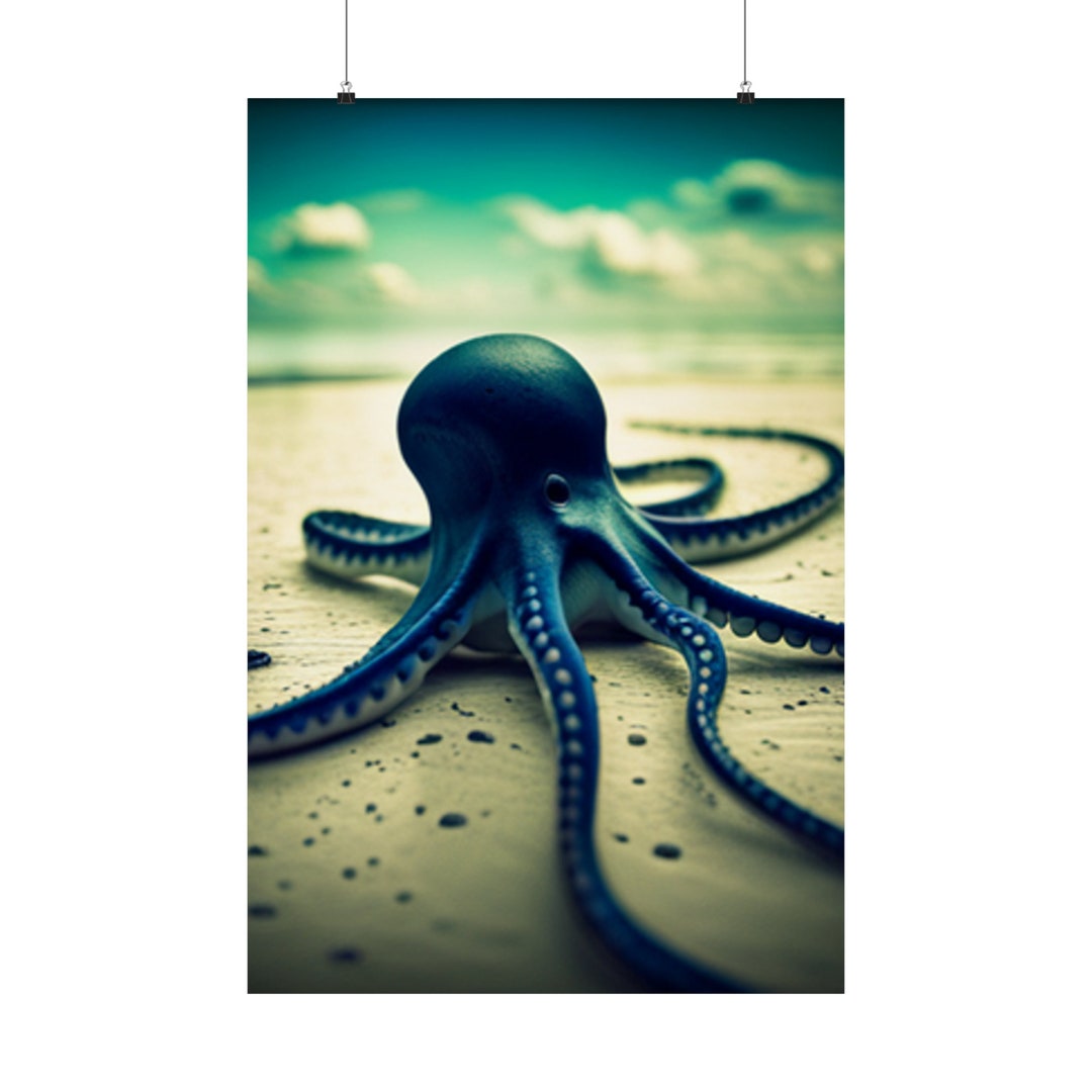 Vintage Blue Octopus on Beach Matte Vertical Posters, Octopus Wall Art ...