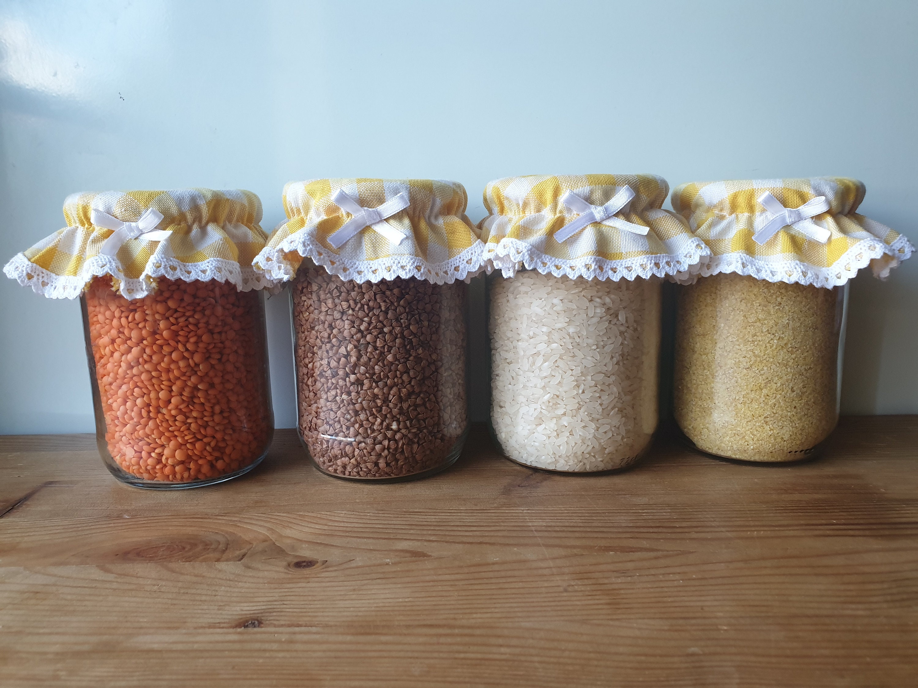 Gingham Linen Jar Cover With Lace Trim, Reusable Kitchen Storage - Etsy