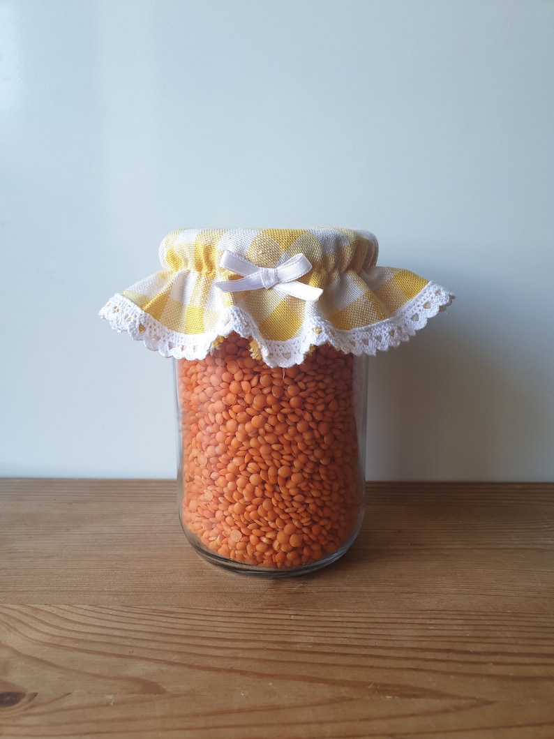 Gingham Linen Jar Cover With Lace Trim, Reusable Kitchen Storage - Etsy