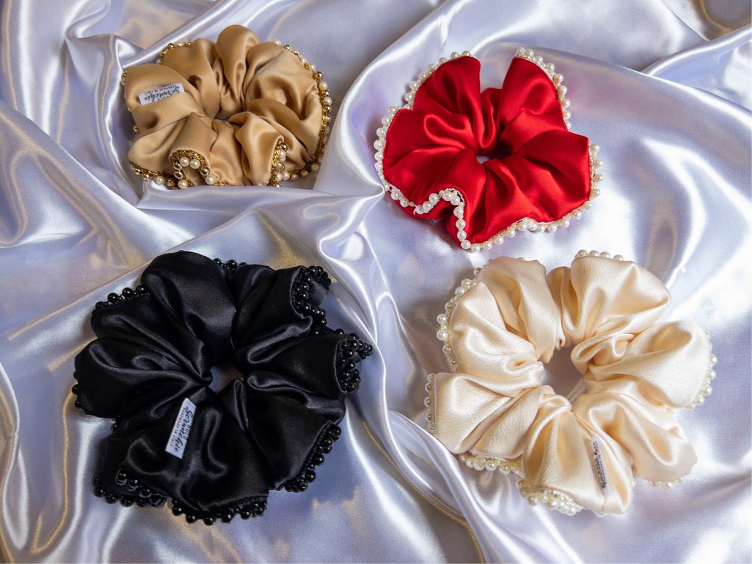 Large Silk Satin Scrunchie With Pearls Ivory, Red, Champagne Gold, or ...
