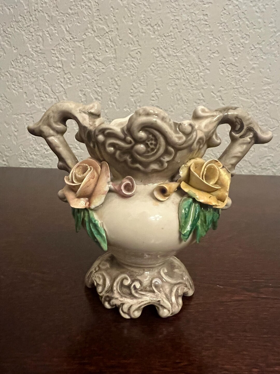 Vintage Bassano Miniature Vase With Handles Hand Painted 3D Roses Made ...