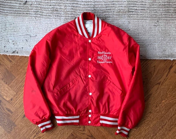 80s Vintage Nylon Varsity Bomber Coach Jacket Red Devils USA 1980s Delong Letterman Chain ...