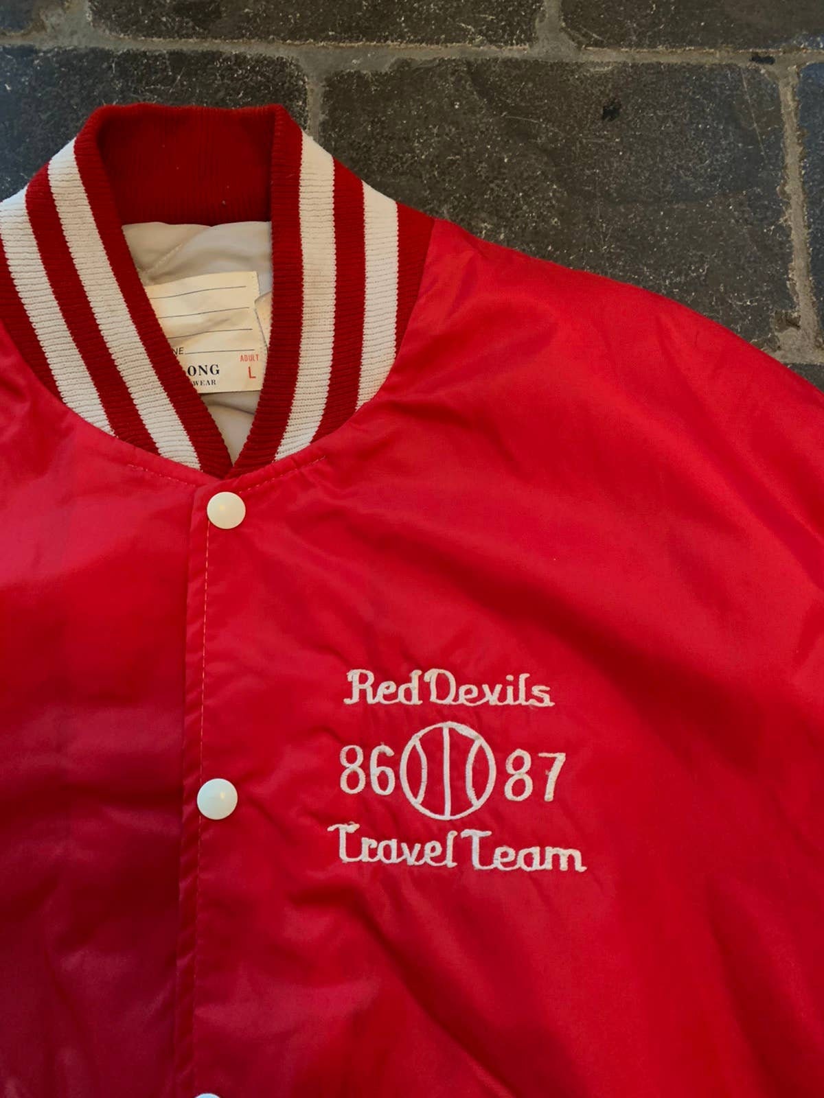 80s Vintage Nylon Varsity Bomber Coach Jacket Red Devils USA 1980s Delong Letterman Chain ...