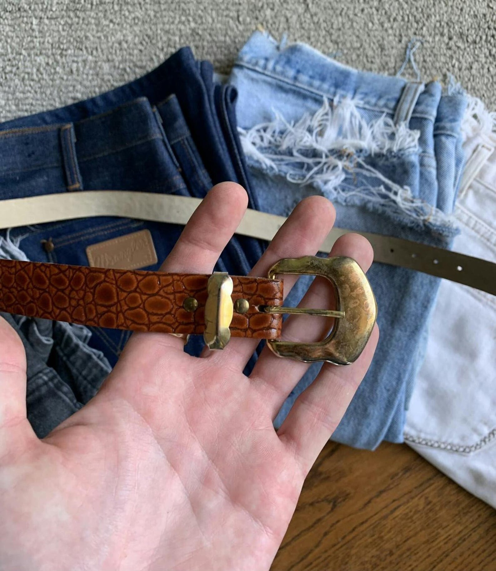 70s Vintage Textured Leather Belt Orangey Brown Brass Buckle 1970s ...