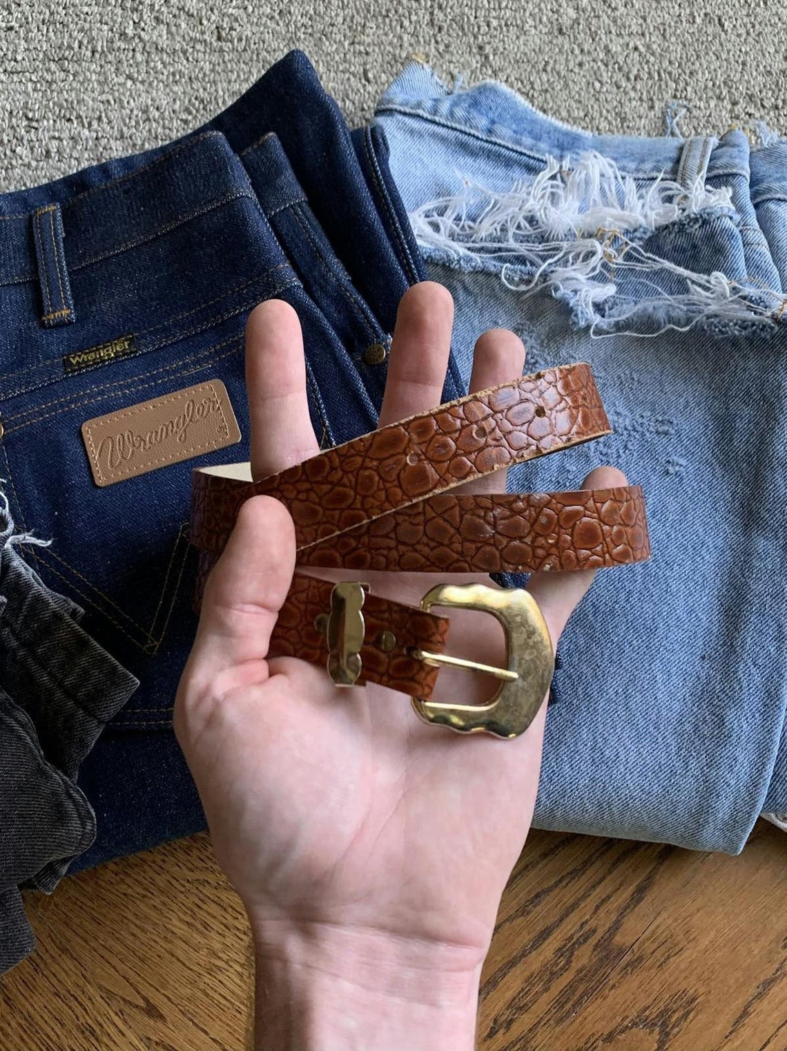 70s Vintage Textured Leather Belt Orangey Brown Brass Buckle 1970s ...