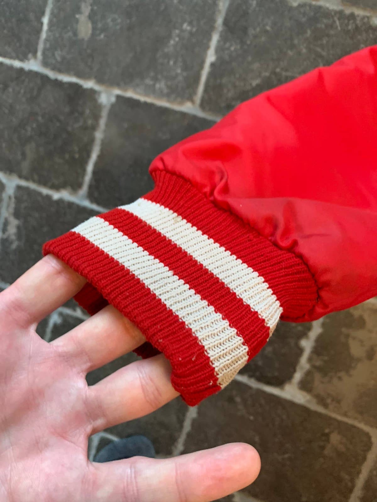 80s Vintage Nylon Varsity Bomber Coach Jacket Red Devils USA 1980s Delong Letterman Chain ...