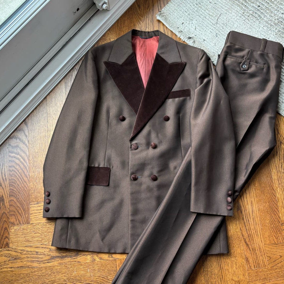 1970s Polyester Two Piece Suit 70s Vintage Blazer & Dress Pants Satin ...