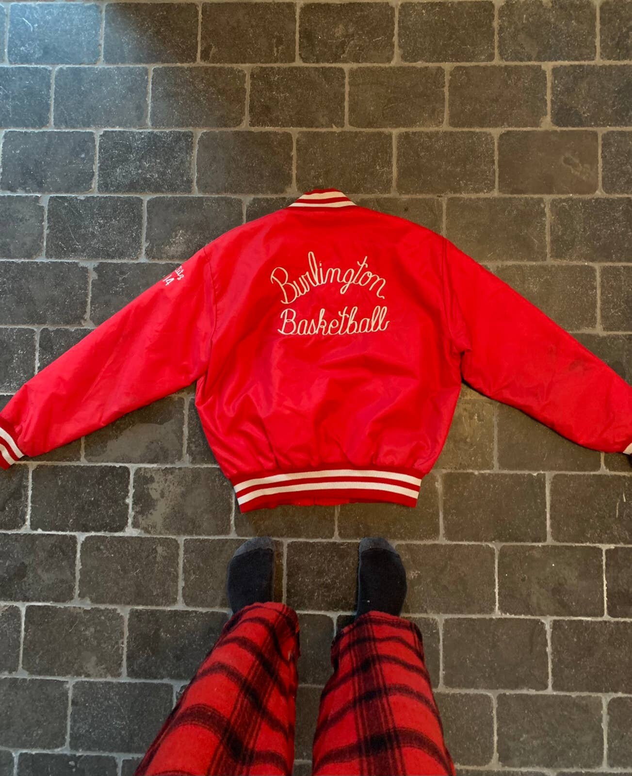 80s Vintage Nylon Varsity Bomber Coach Jacket Red Devils USA 1980s Delong Letterman Chain ...
