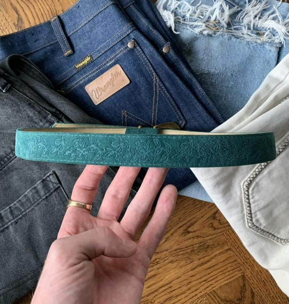 1970s Teal Suede Western Belt Vintage Tooled Leather … - Gem