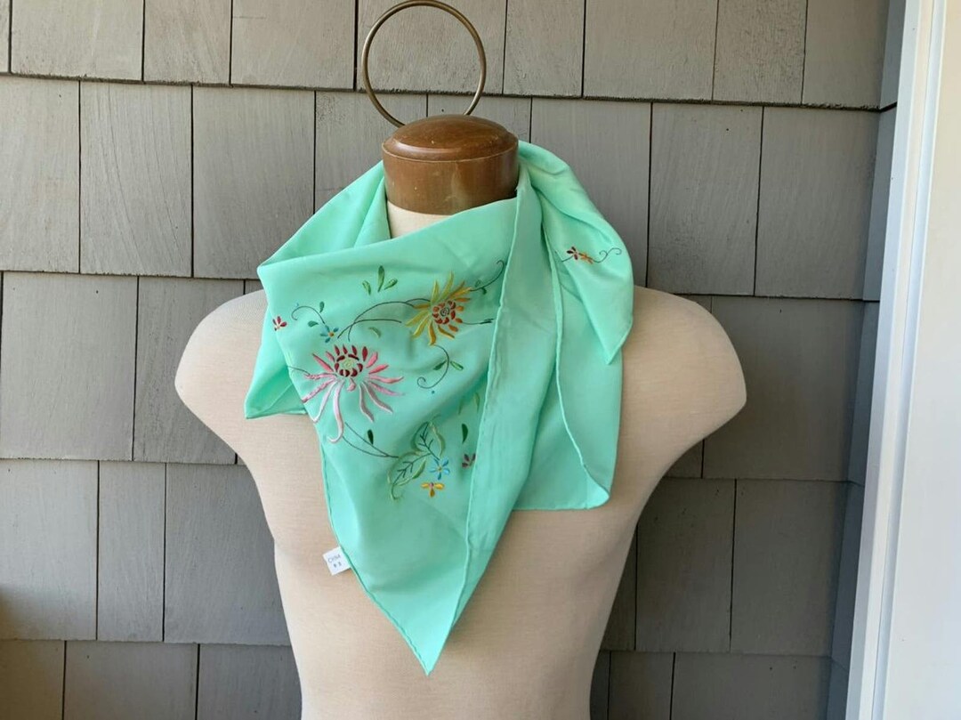 Vintage Silk Chiffon Scarf Jadeite Embroidered China Shawl Jade Ascot Pocket Square Scarves Neck ...