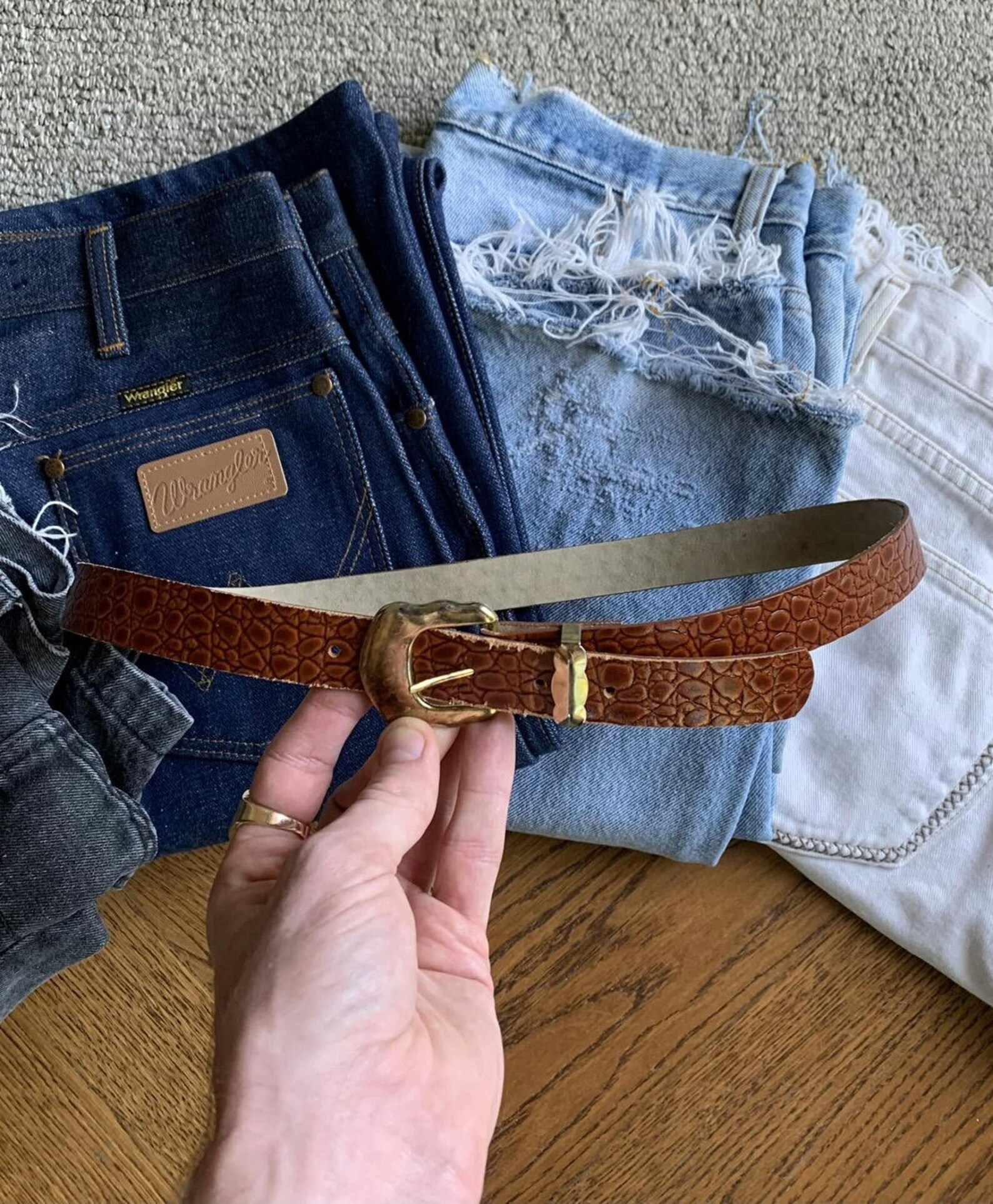 70s Vintage Textured Leather Belt Orangey Brown Brass Buckle 1970s ...