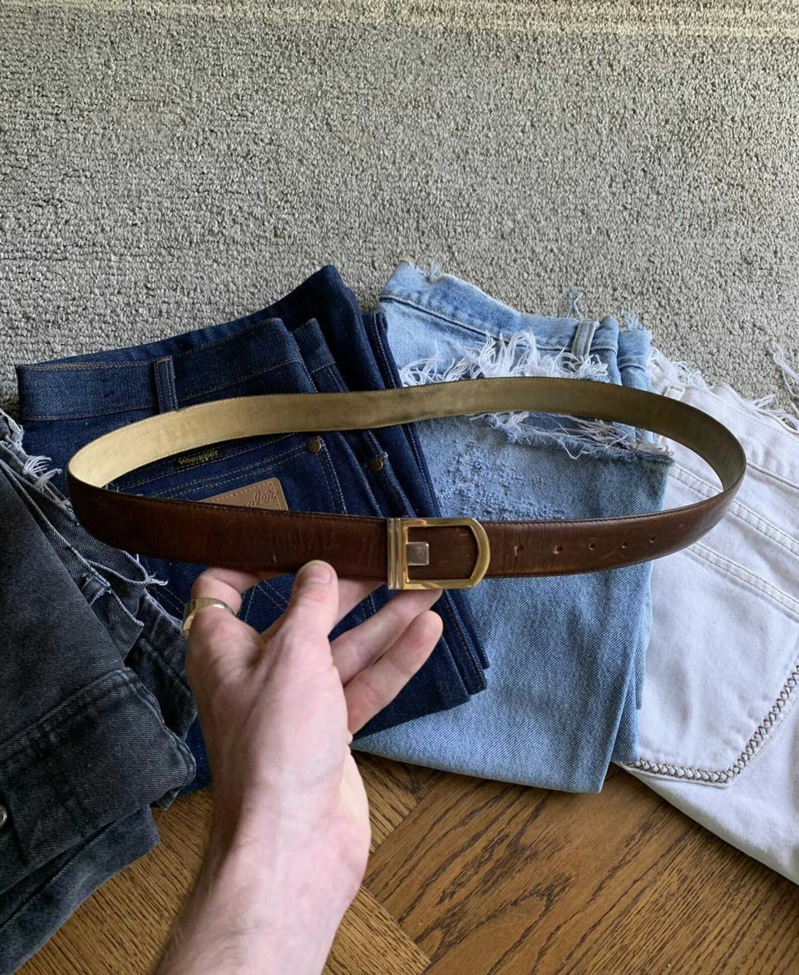 Vintage Brown Leather Belt Mens 40 Gold Tone Buckle Designer Belts ...