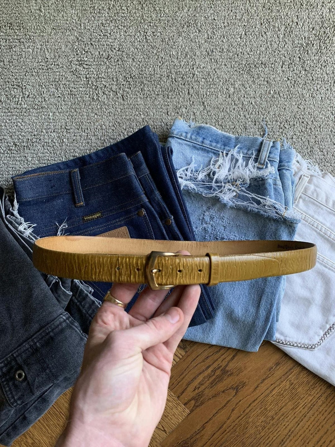 Vintage Stag Grain Leather Belt 70s Deer Buckskin Odd Buckle Deer Skin ...