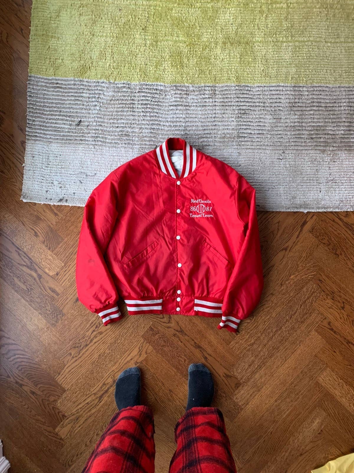 80s Vintage Nylon Varsity Bomber Coach Jacket Red Devils USA 1980s Delong Letterman Chain ...