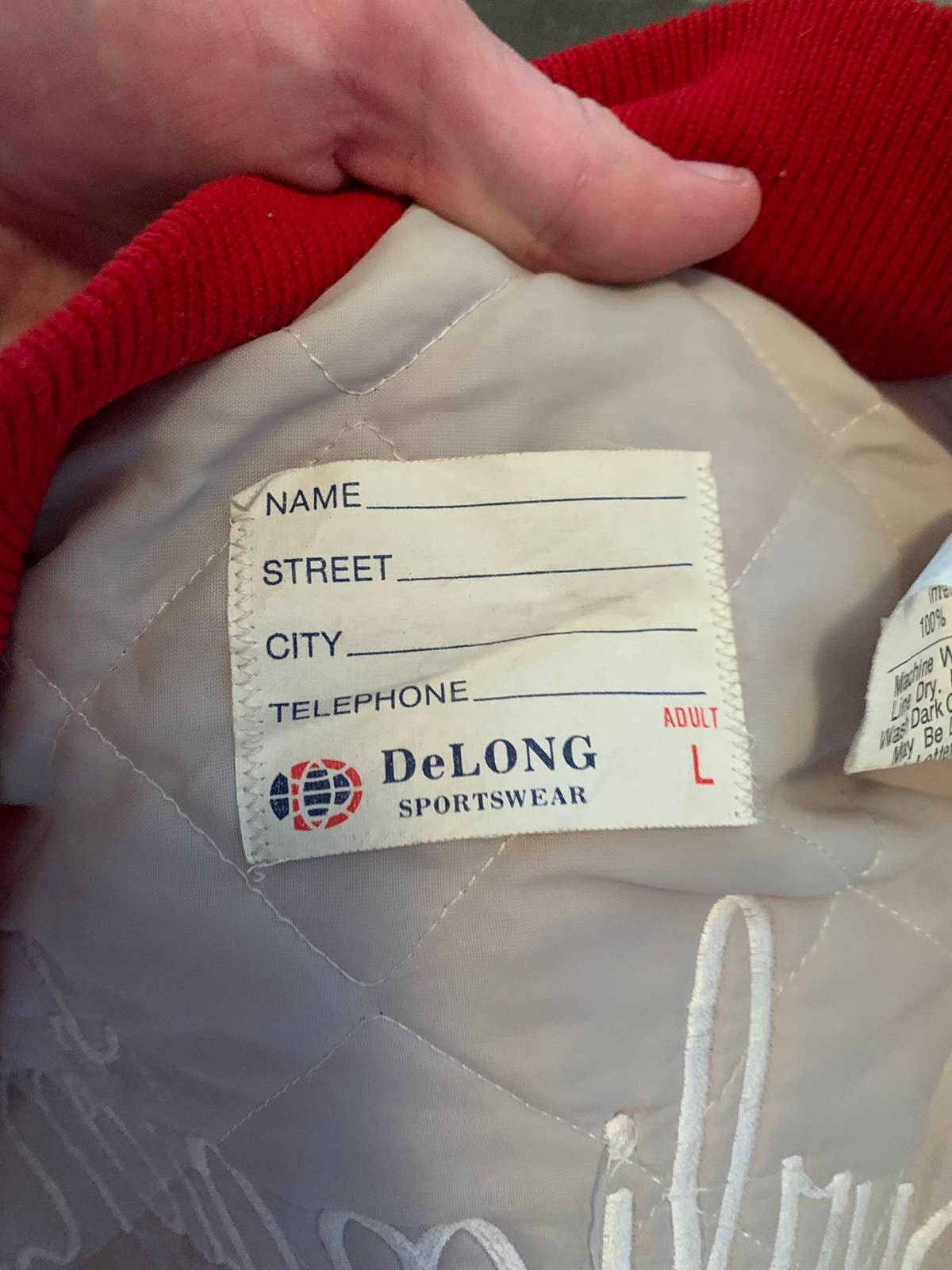 80s Vintage Nylon Varsity Bomber Coach Jacket Red Devils USA 1980s Delong Letterman Chain ...