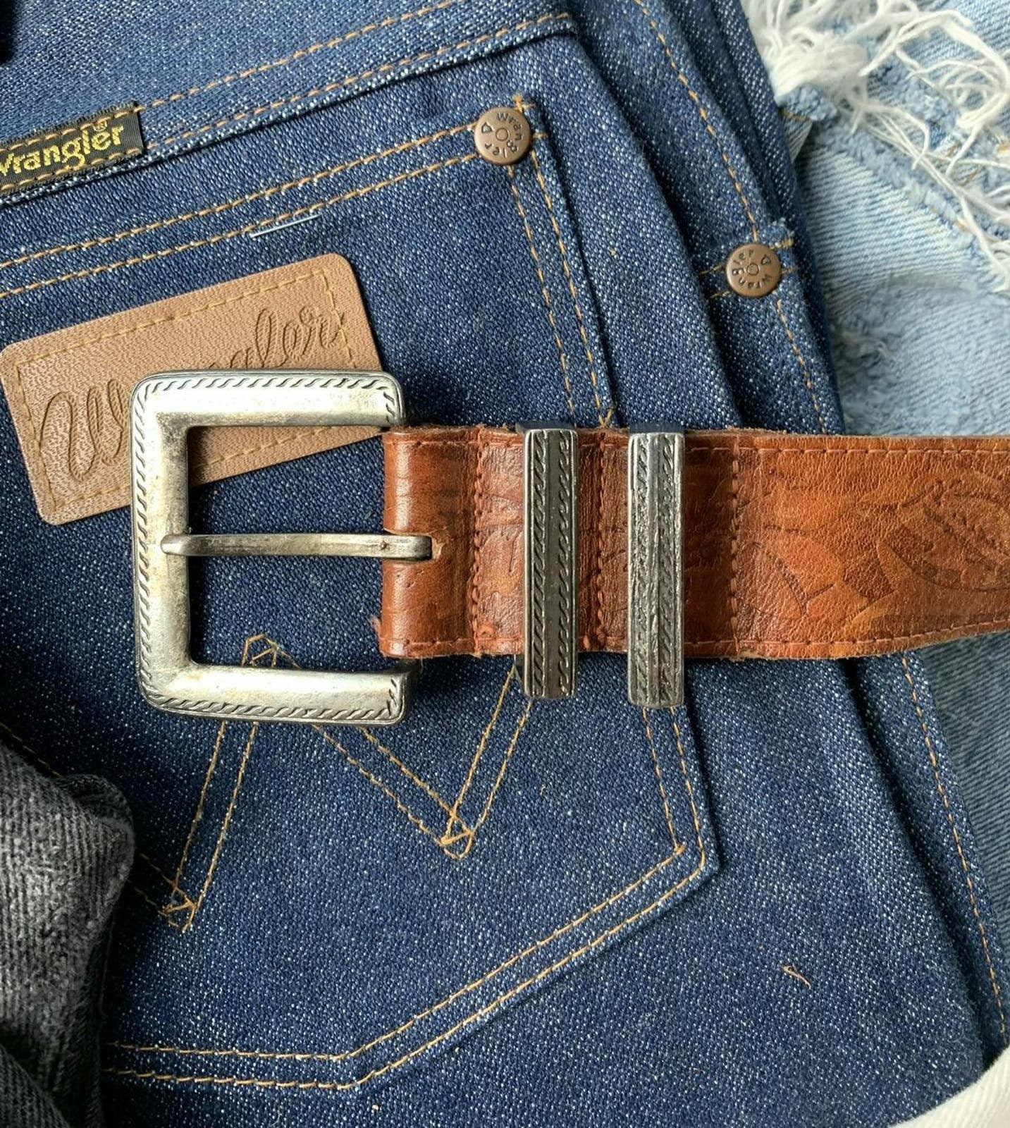 Vintage Tooled Leather Belt Pewter Silver Metal 70s Harley Davidson ...