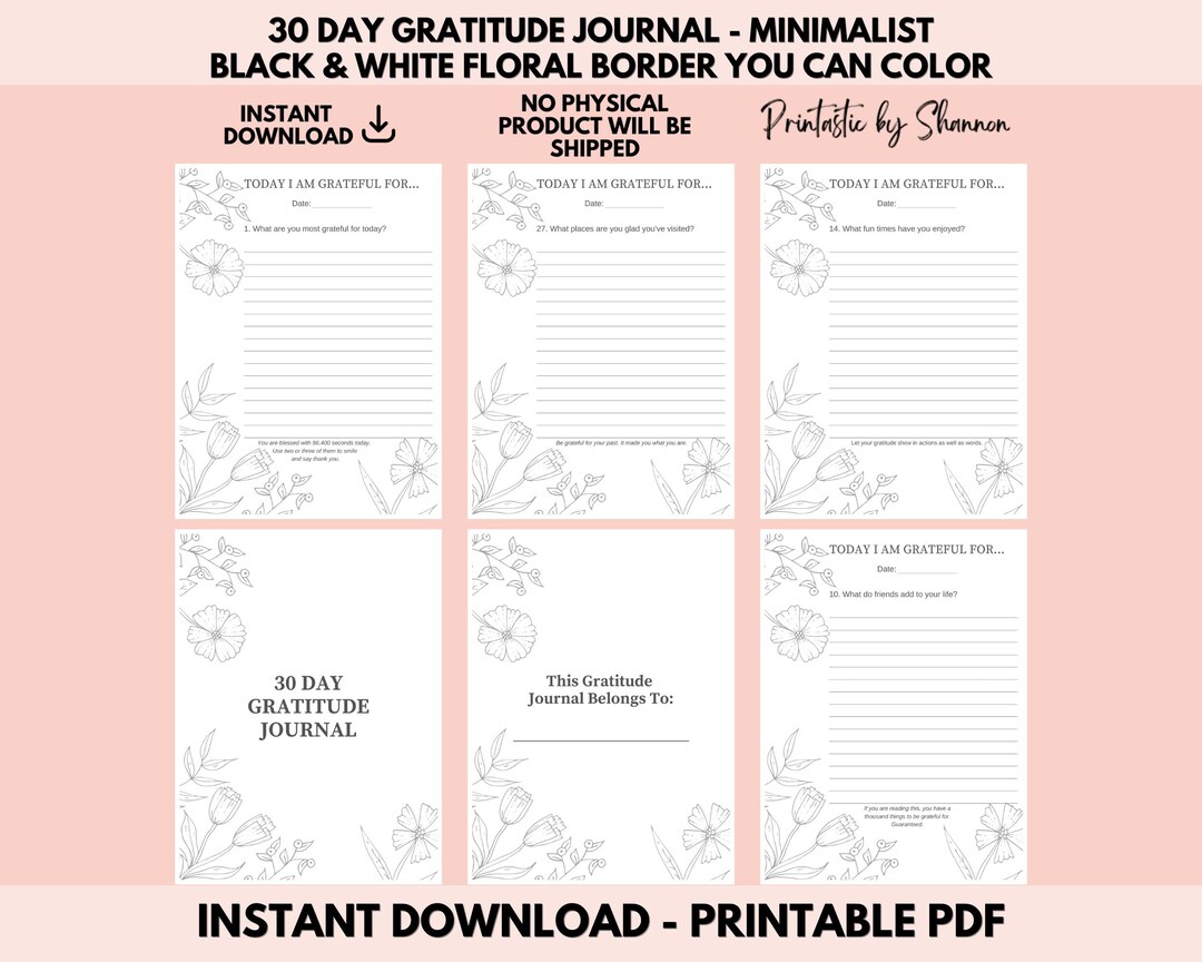 Printable 30 Day Gratitude Journal With Prompts, Floral Border You Can ...