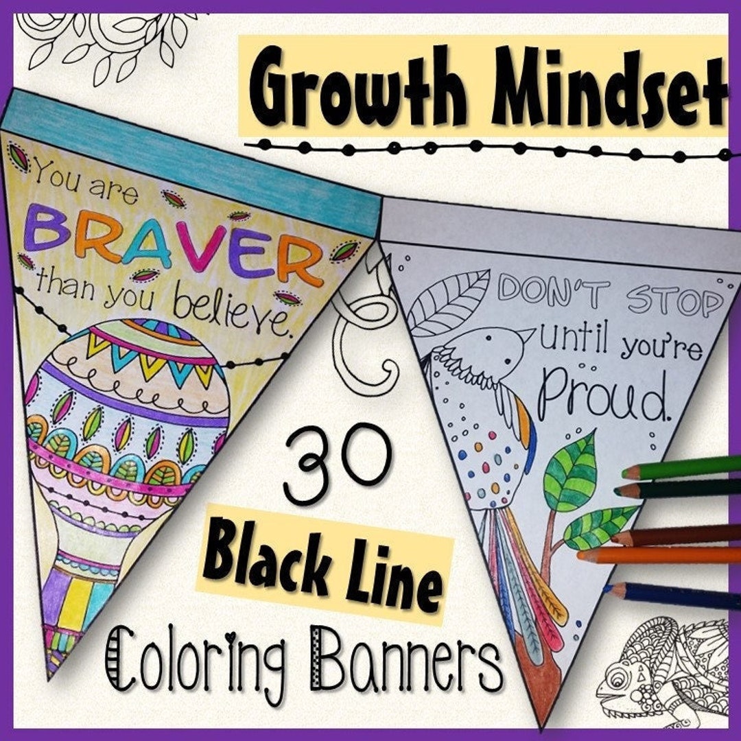Growth Mindset Coloring Banners Pennants Stress Management Digital ...