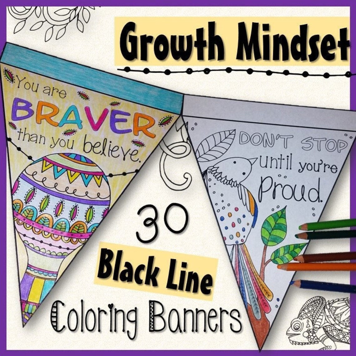 Growth Mindset Coloring Banners Pennants Stress Management Digital ...