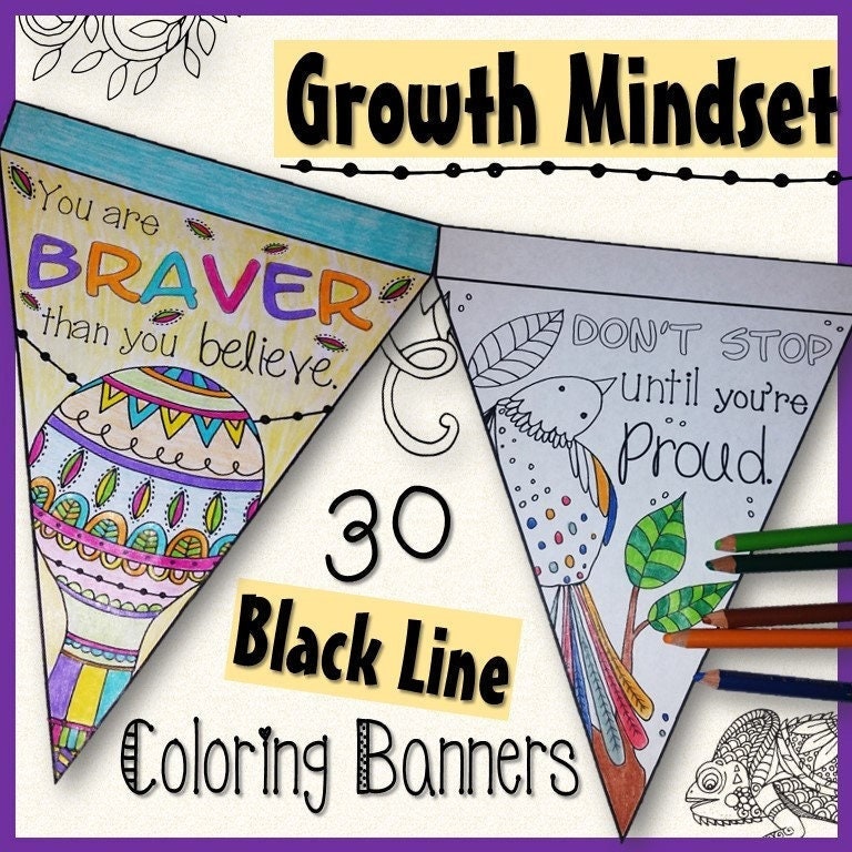 Growth Mindset Coloring Banners Pennants Stress Management Digital ...