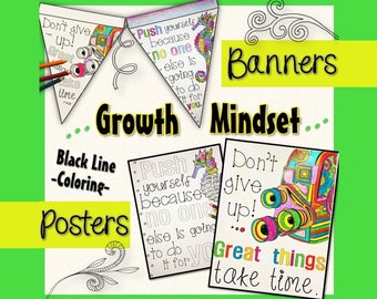Growth Mindset Coloring Banners Pennants Stress Management - Etsy