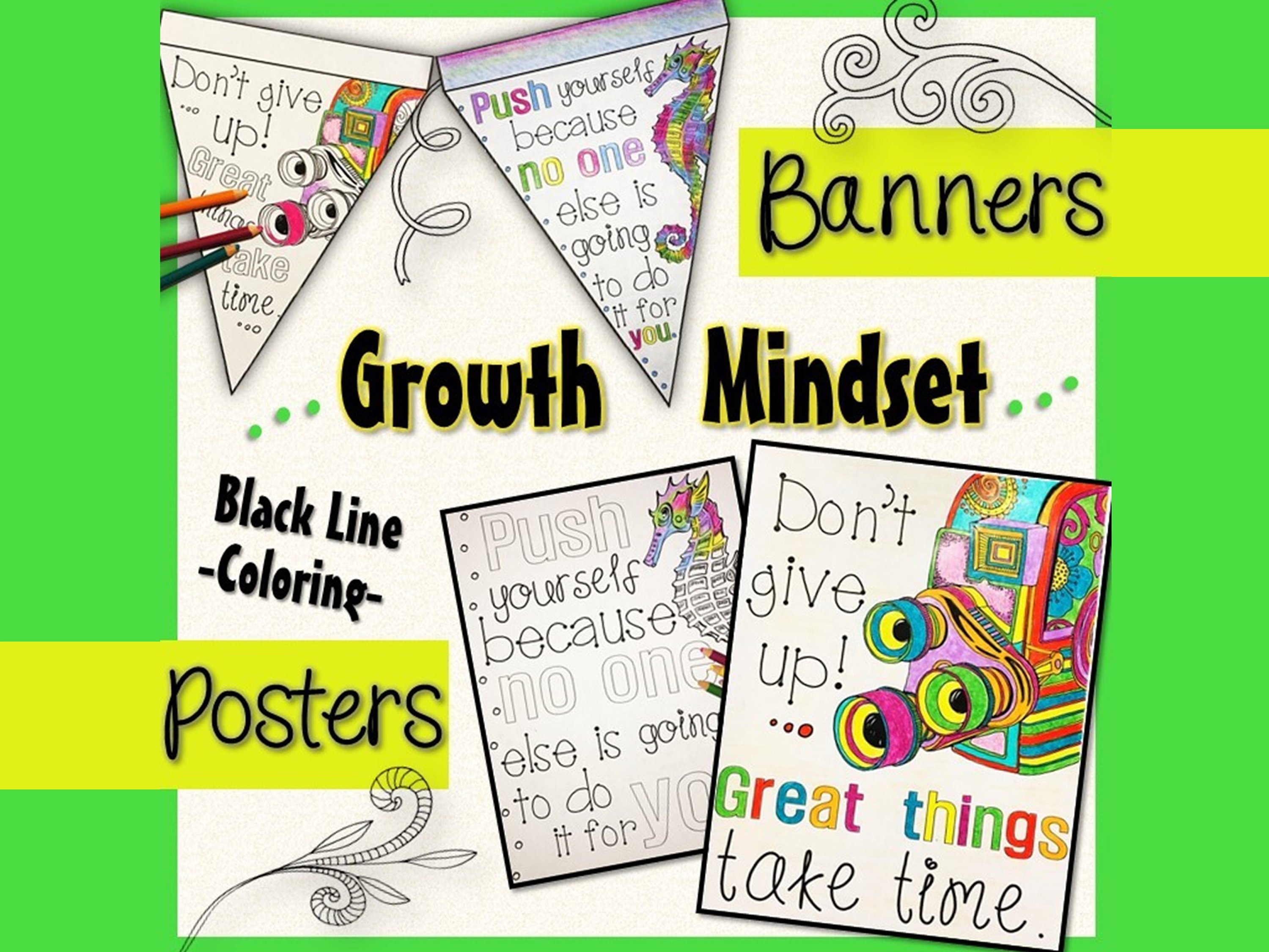Kids Growth Mindset Coloring Banners Pennants & Posters Stress ...