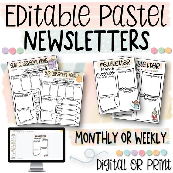 Pastel Monthly Weekly Seasonal Newsletter Templates Editable - Etsy