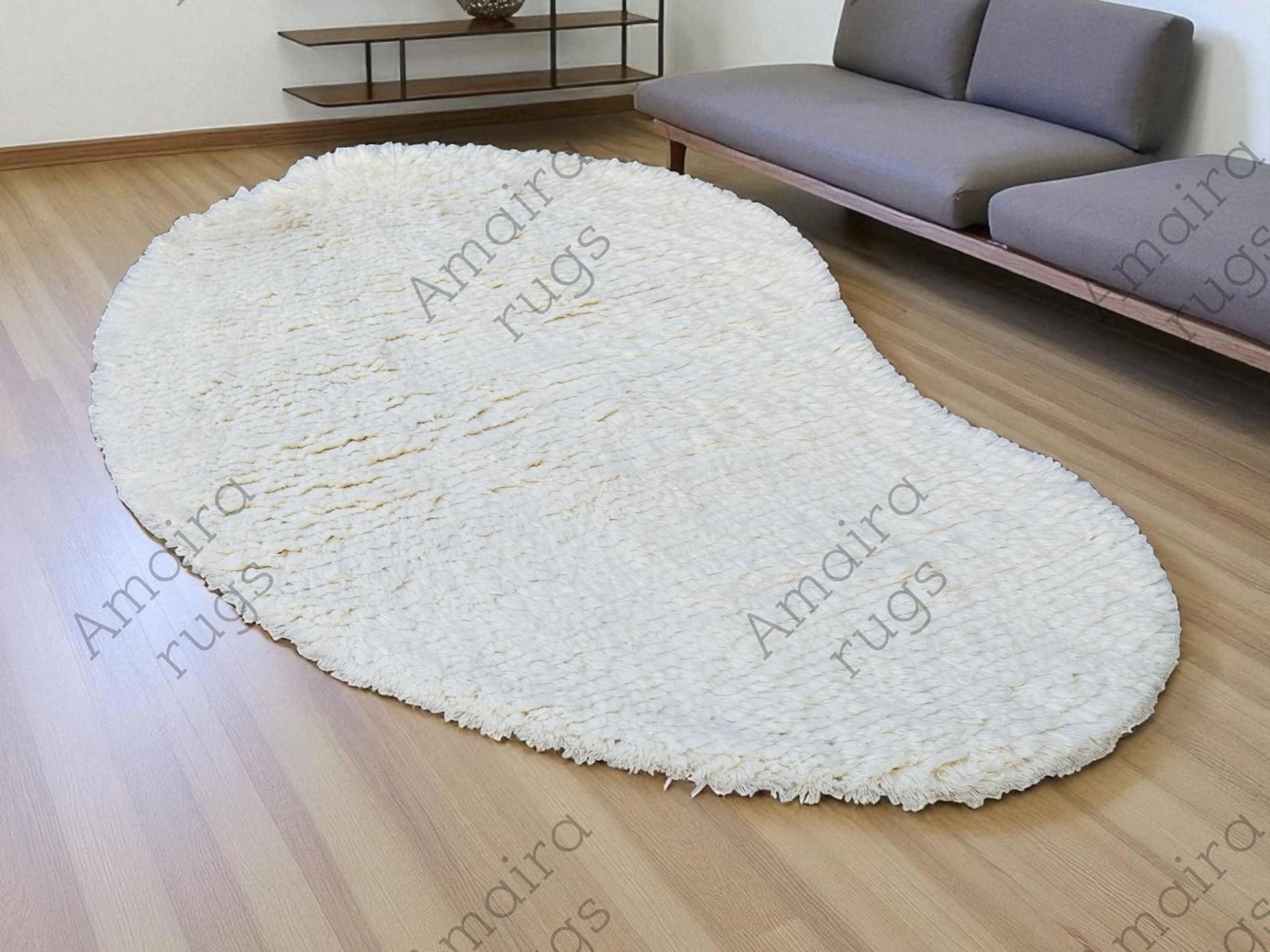 RESIDUE SHAGGY WOOL Bone White Rug Kidney Shape Rug for Living Room ...