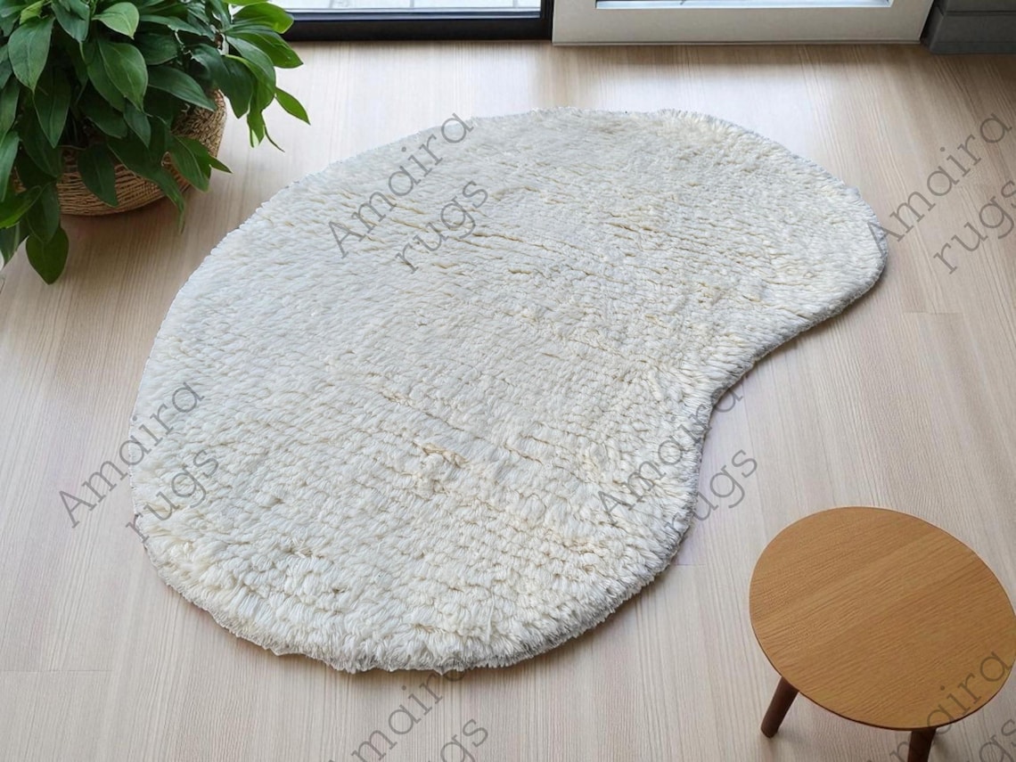 RESIDUE SHAGGY WOOL Bone White Rug Kidney Shape Rug for Living Room ...