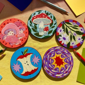 Hand-painted Round Wood Coasters | Cottage Core Design - Etsy