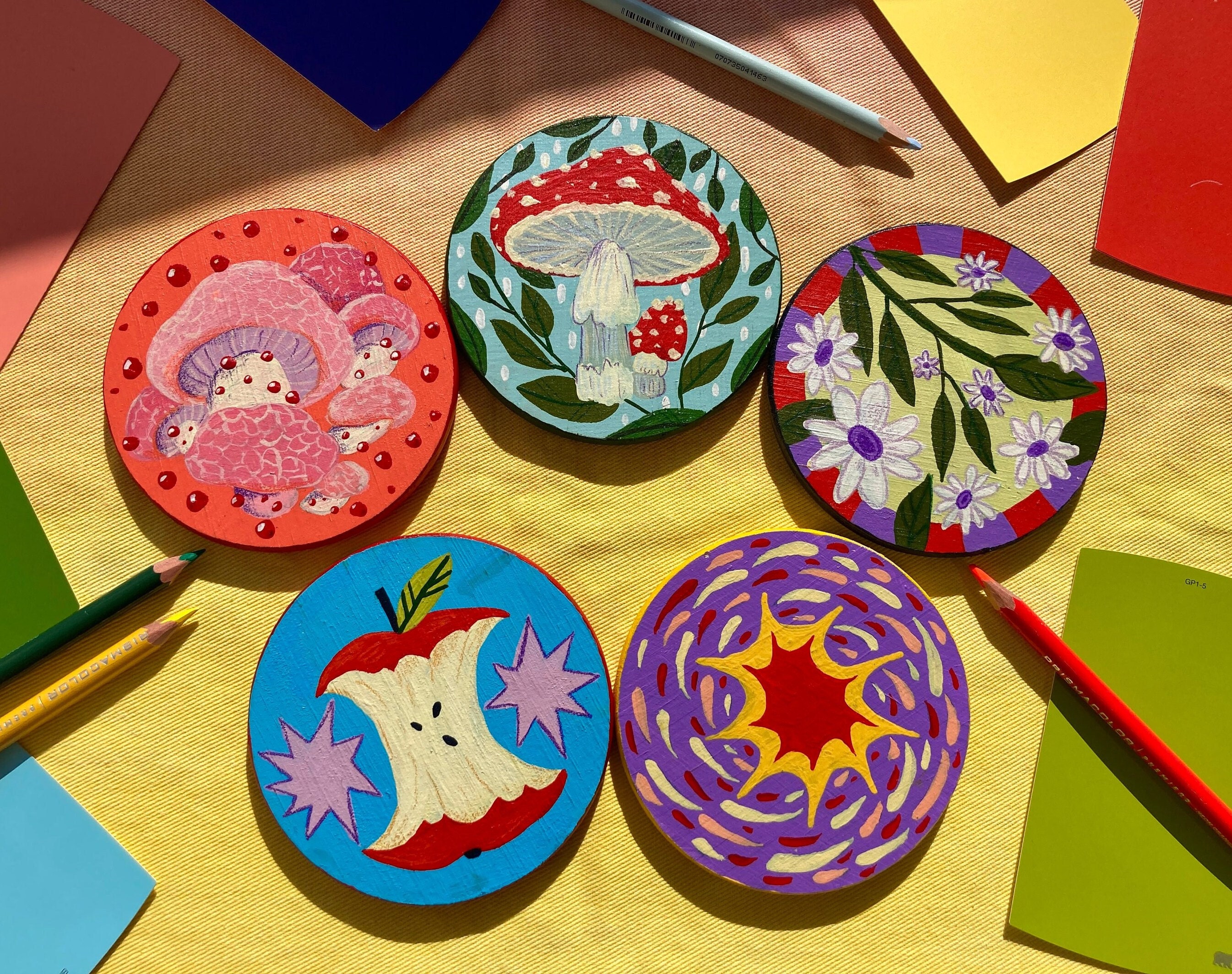 Hand-painted Round Wood Coasters | Cottage Core Design - Etsy