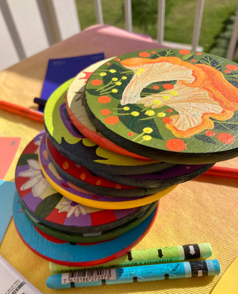 Hand-painted Round Wood Coasters | Cottage Core Design - Etsy