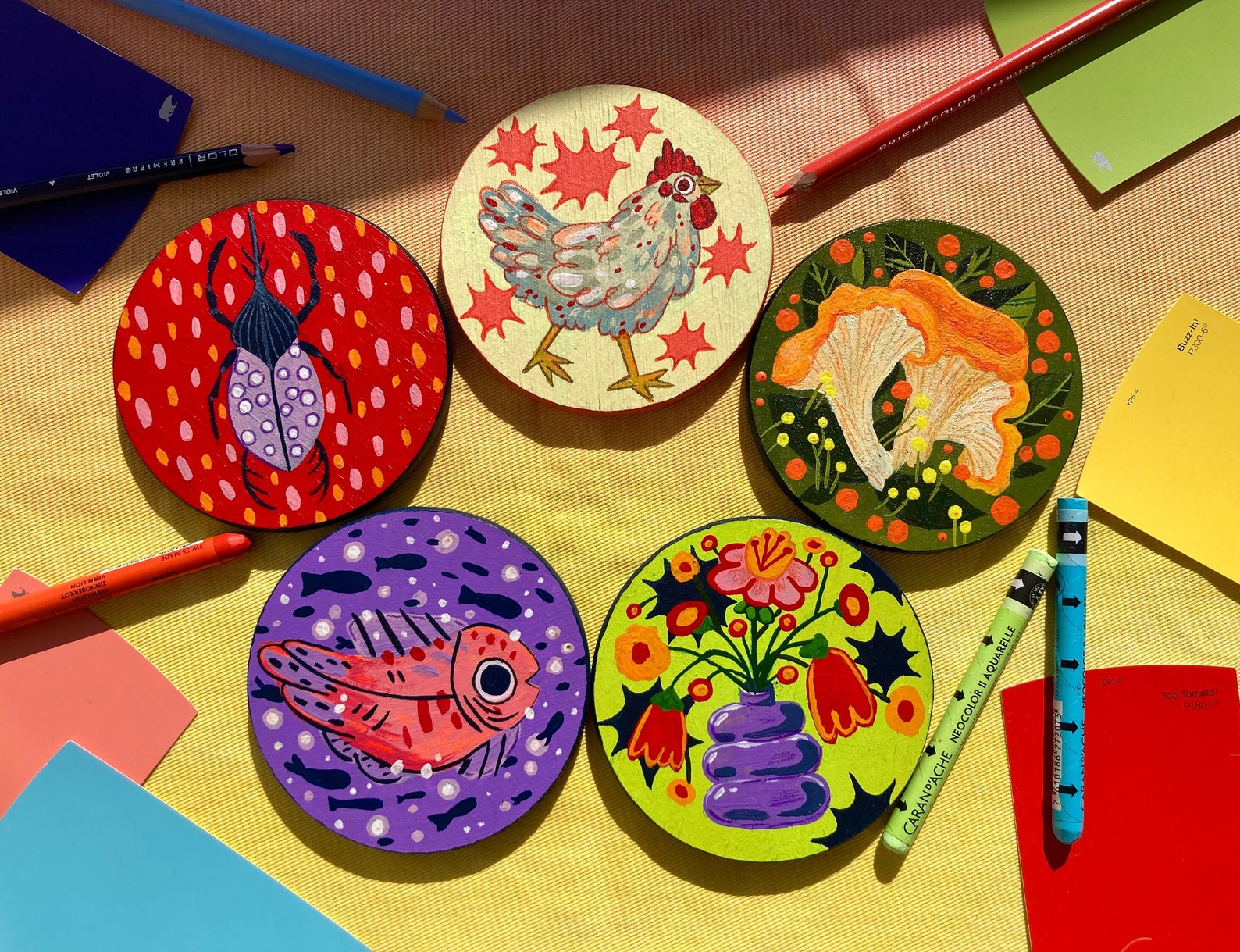 Hand-painted Round Wood Coasters | Cottage Core Design - Etsy