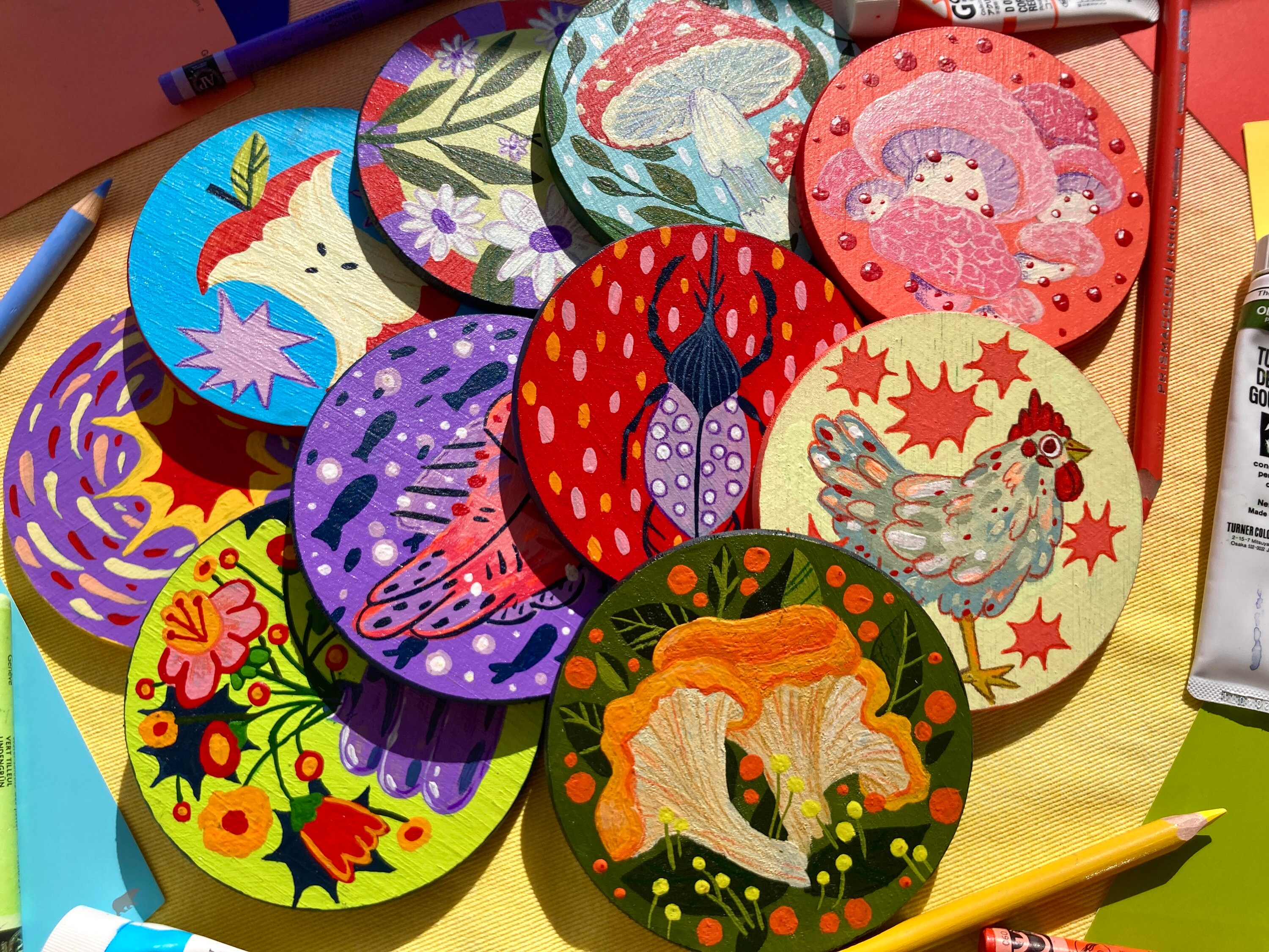 Hand-painted Round Wood Coasters | Cottage Core Design - Etsy
