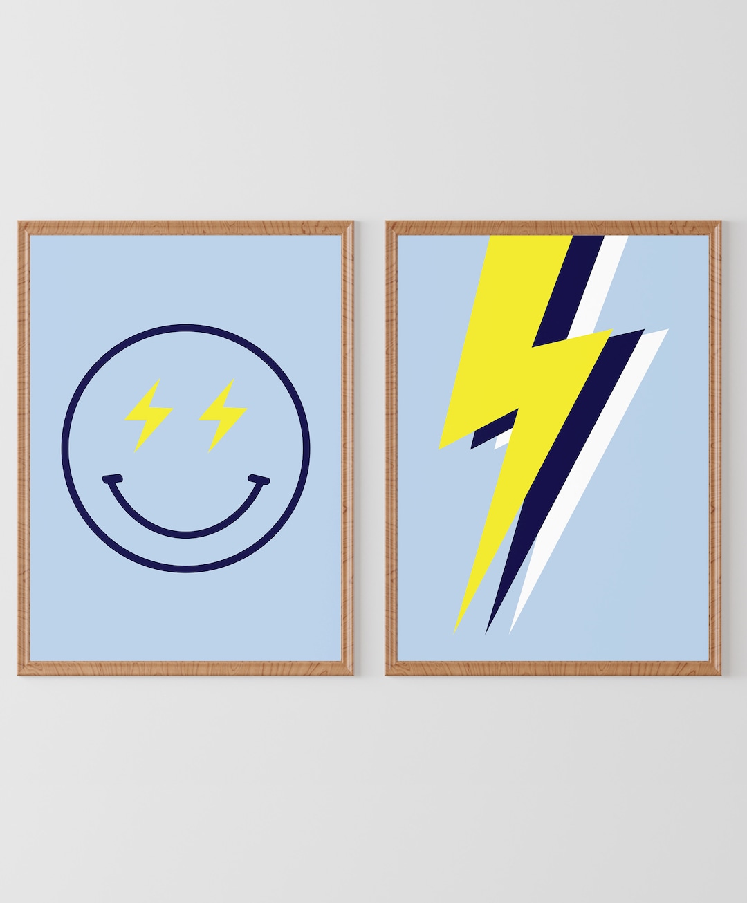 Blue / Yellow Lightning Bolt Smiley Face Wall Print Set of 2 | Wall ...