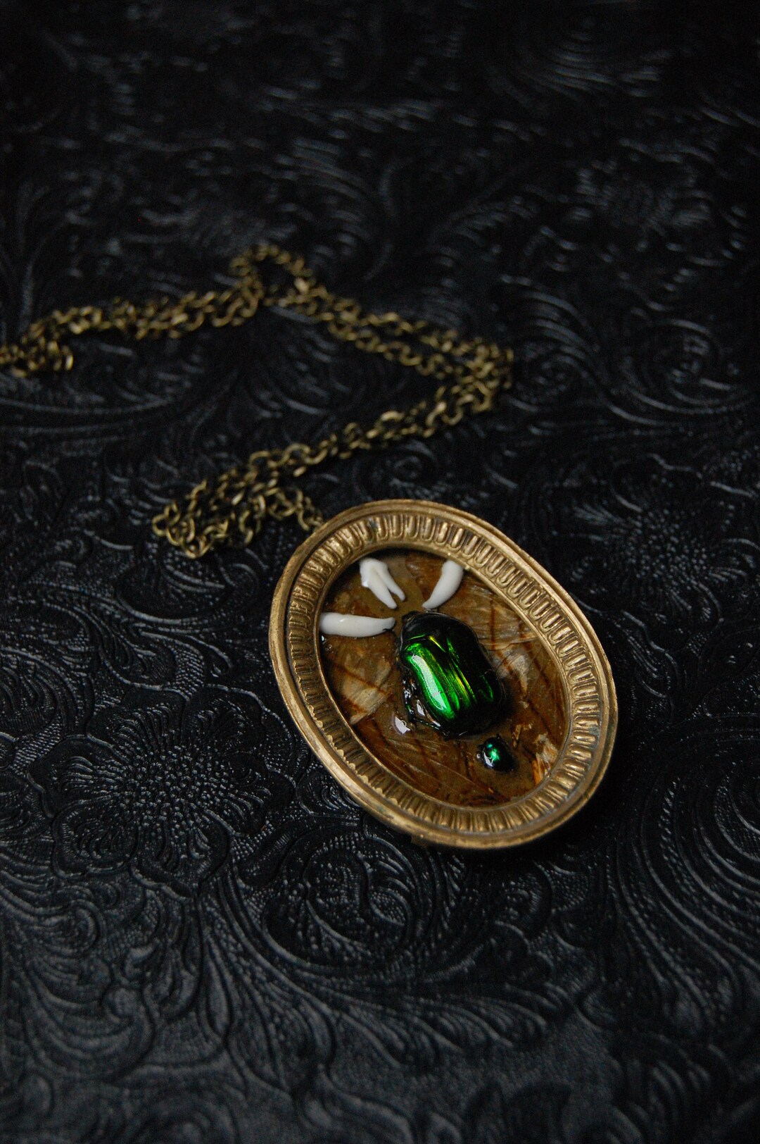 Antique Scarab Relic Holder Necklace, Butterfly and Fox Teeth ...