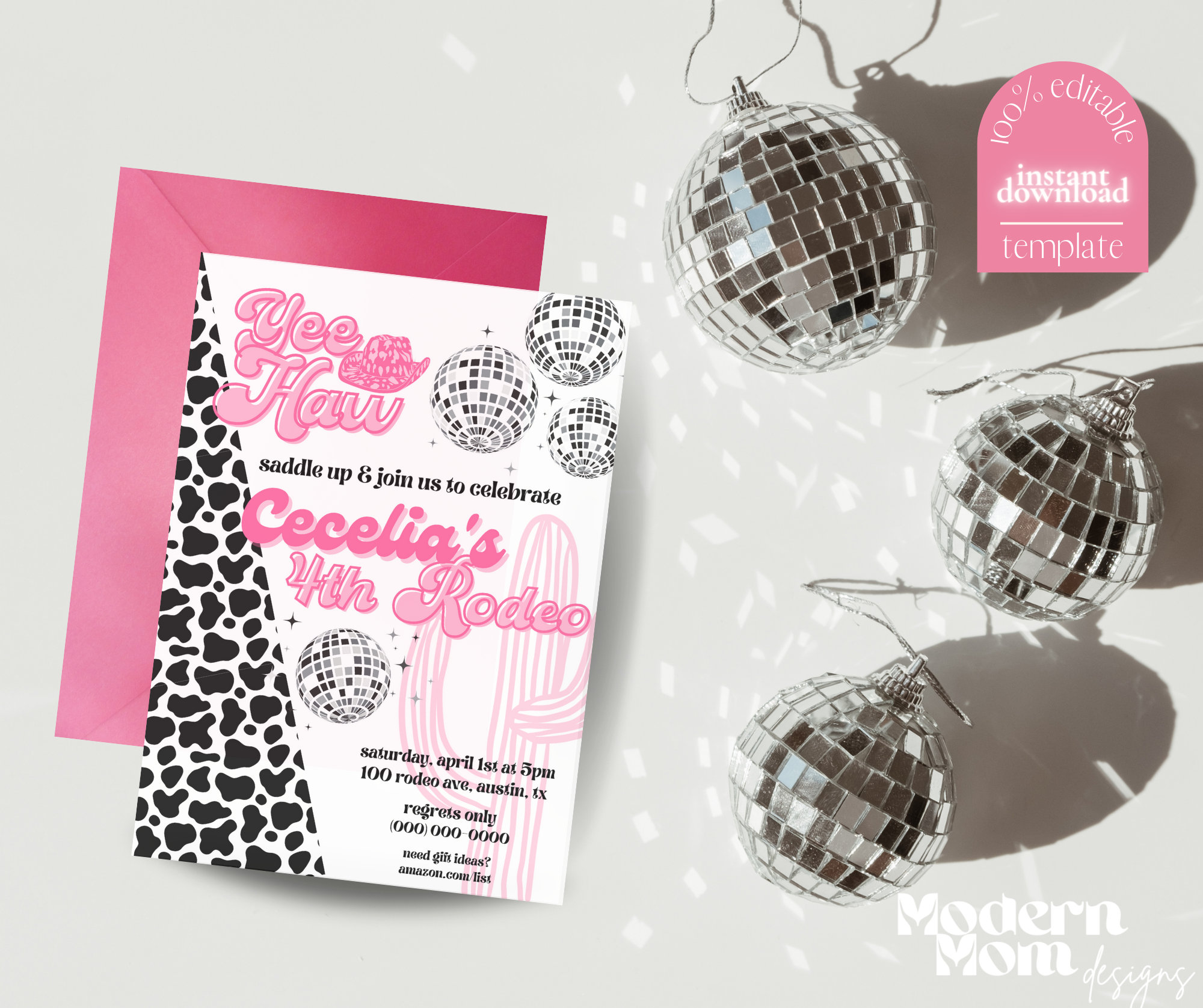Disco Cowgirl Birthday Invitation | Pink Rodeo Party | Instant Download ...
