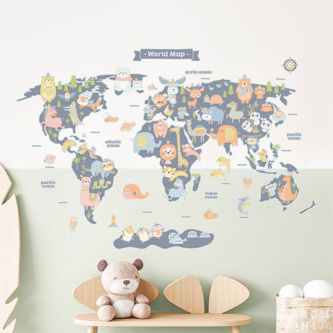 World Map Animal Wall Sticker Animal World Map Wall Decal - Etsy
