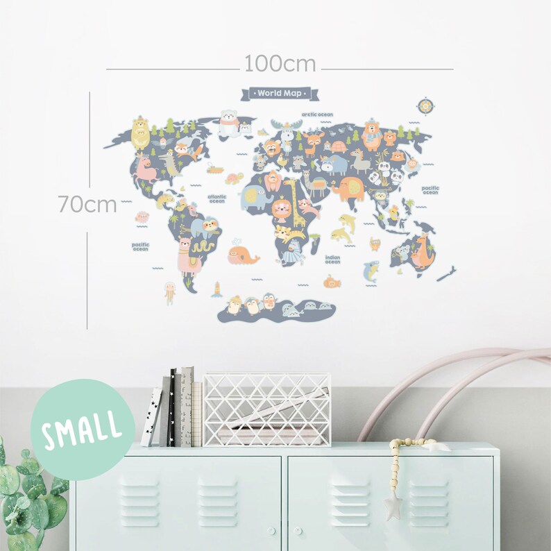 World Map Animal Wall Sticker, Animal World Map Wall Decal, Map Decal ...