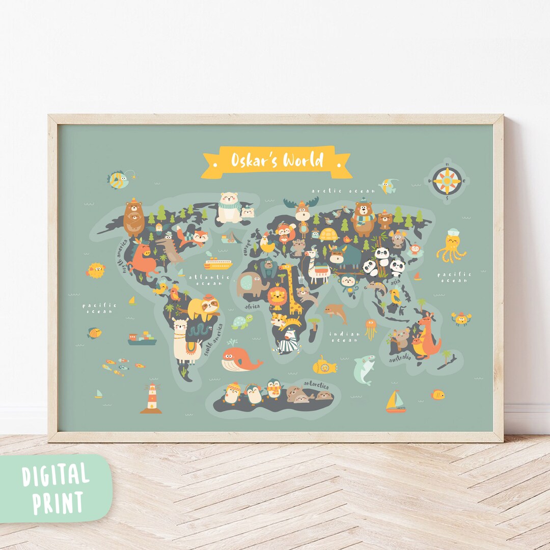 Customized Kids World Map Printable Poster, Educational Fun - Etsy