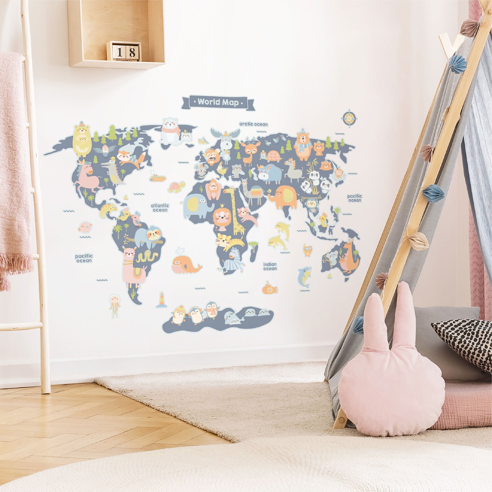 World Map Animal Wall Sticker, Animal World Map Wall Decal, Map Decal ...