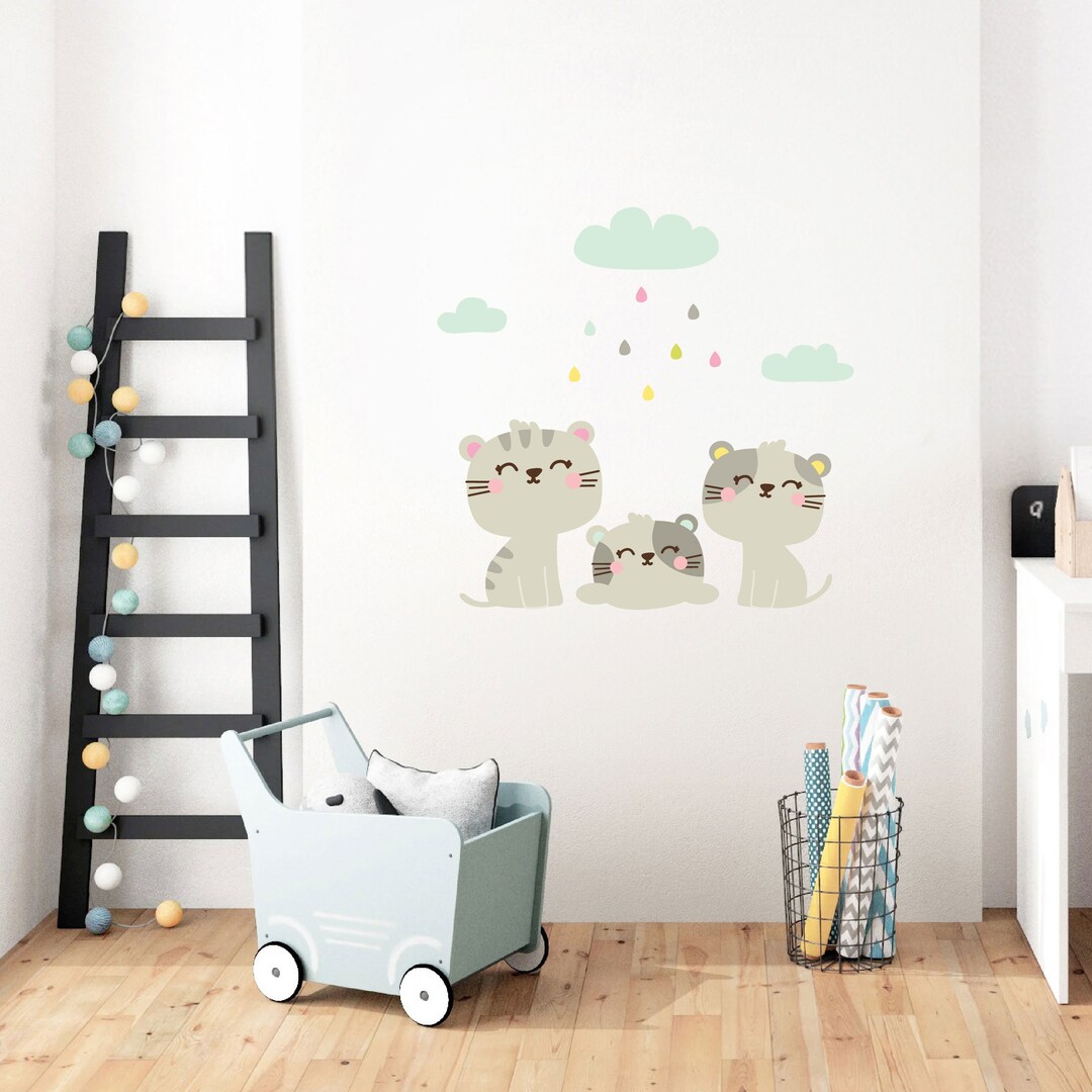 Cute Cat Wall Sticker, Kitten Wall Decal, Cloud and Raindrop Sticker ...