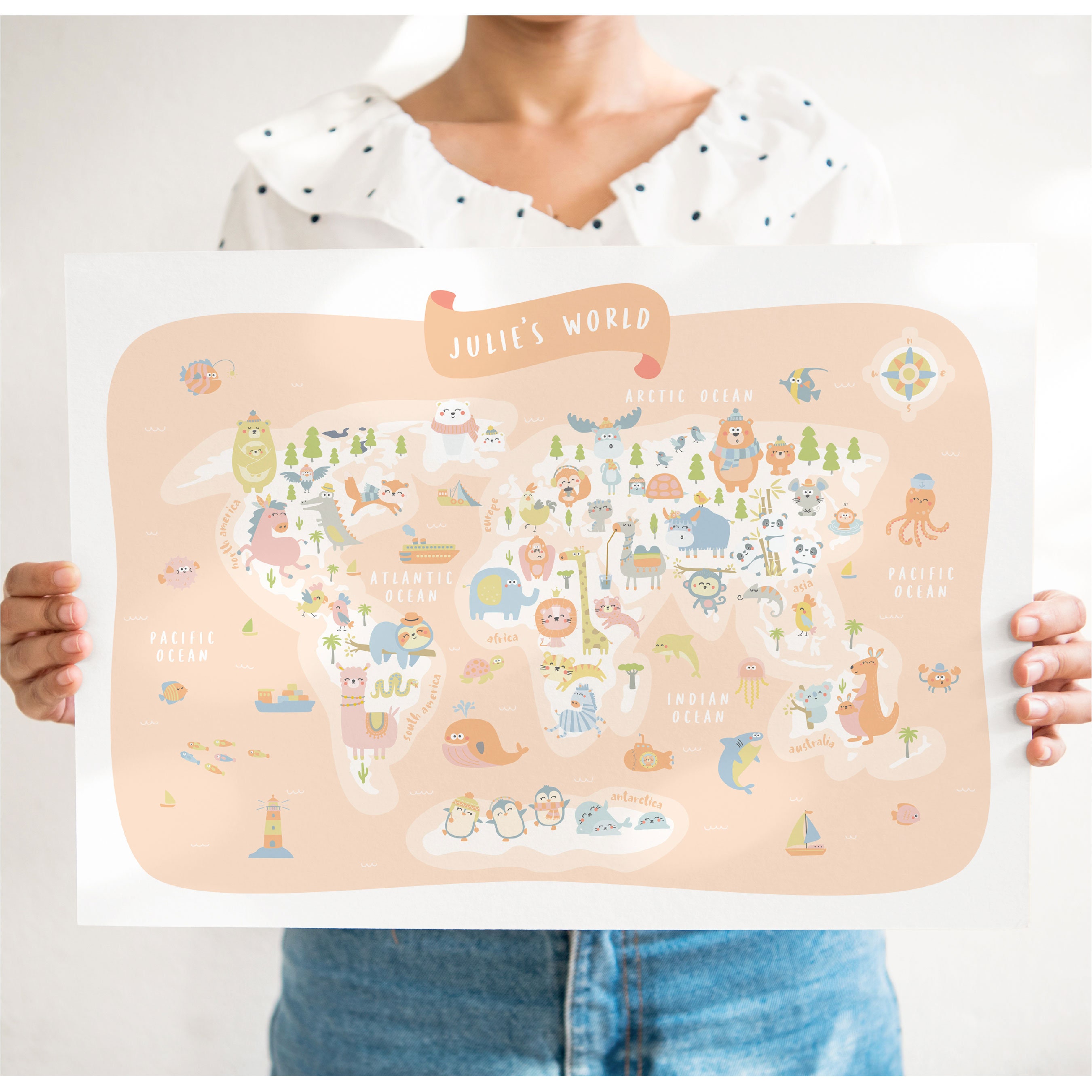 Personalized Pink World Map for Kids - Nursery Wall Decor - Digital ...