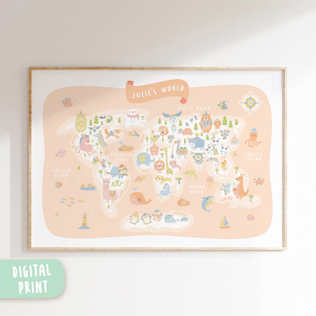Personalized Pink World Map for Kids - Nursery Wall Decor - Digital ...