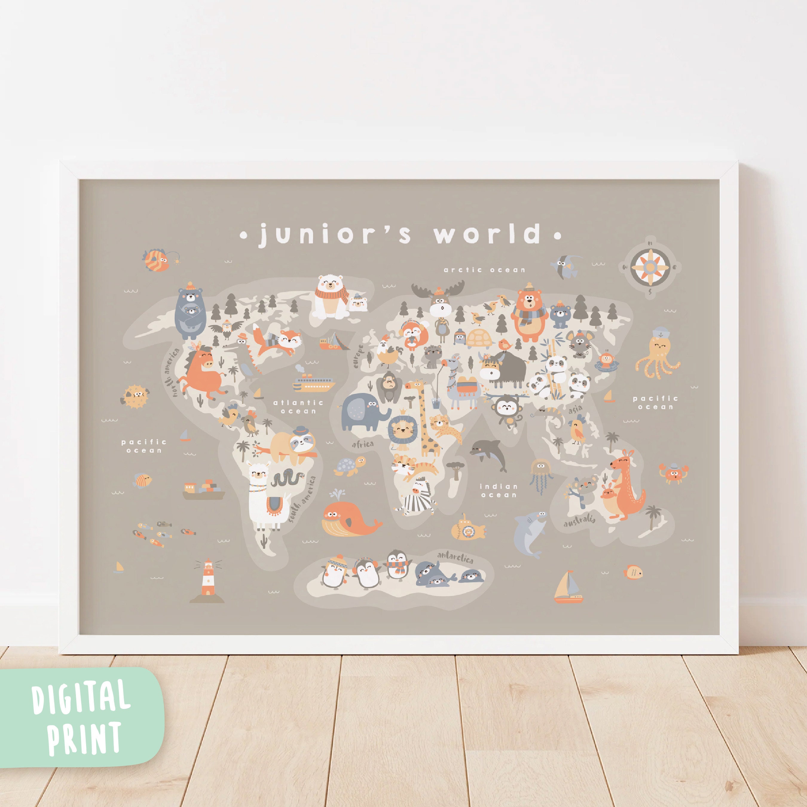 Personalized Digital Animal Map for Kids, Neutral Nursery Educational ...