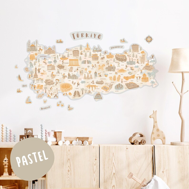 Turkey Cultural Map Wall Sticker, Turkey Map Wall Decal, Turkish ...
