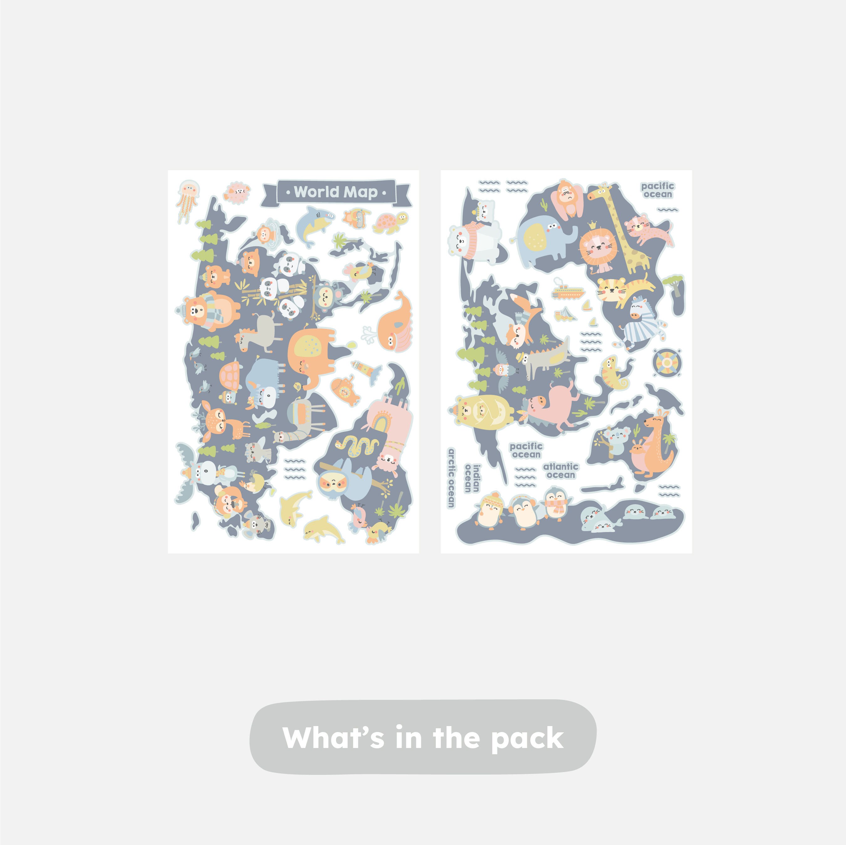 World Map Animal Wall Sticker, Animal World Map Wall Decal, Map Decal ...