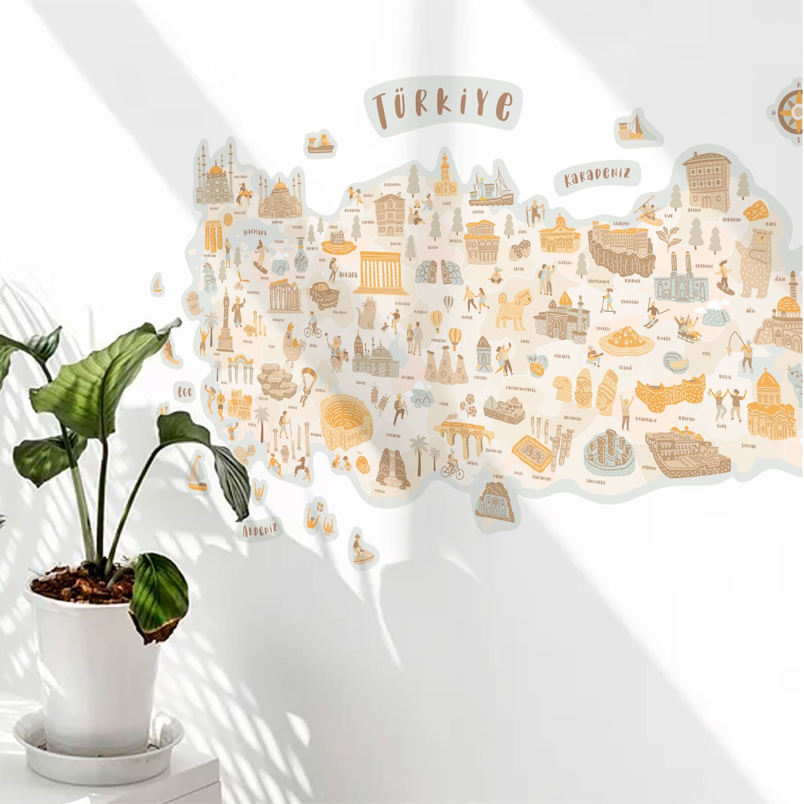 Turkey Cultural Map Wall Sticker, Turkey Map Wall Decal, Turkish ...