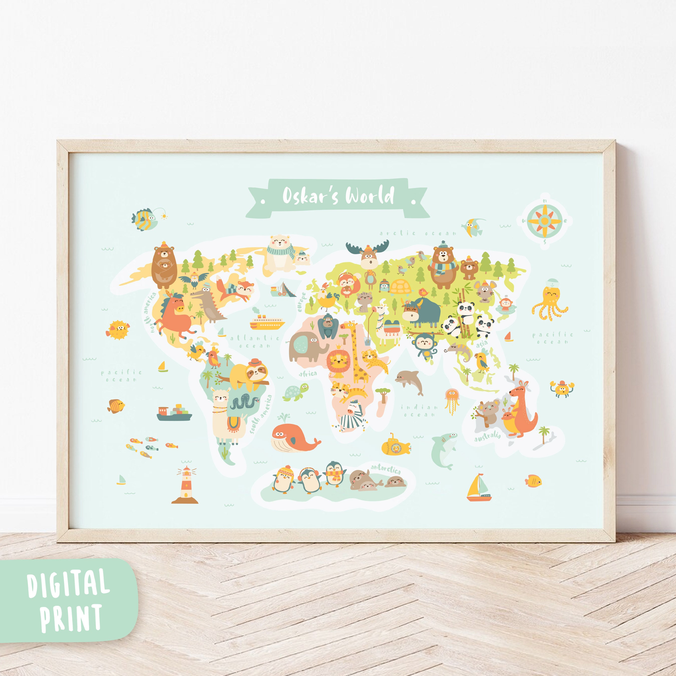 Custom Name Animal World Map Poster for Kids Digital Print - Etsy