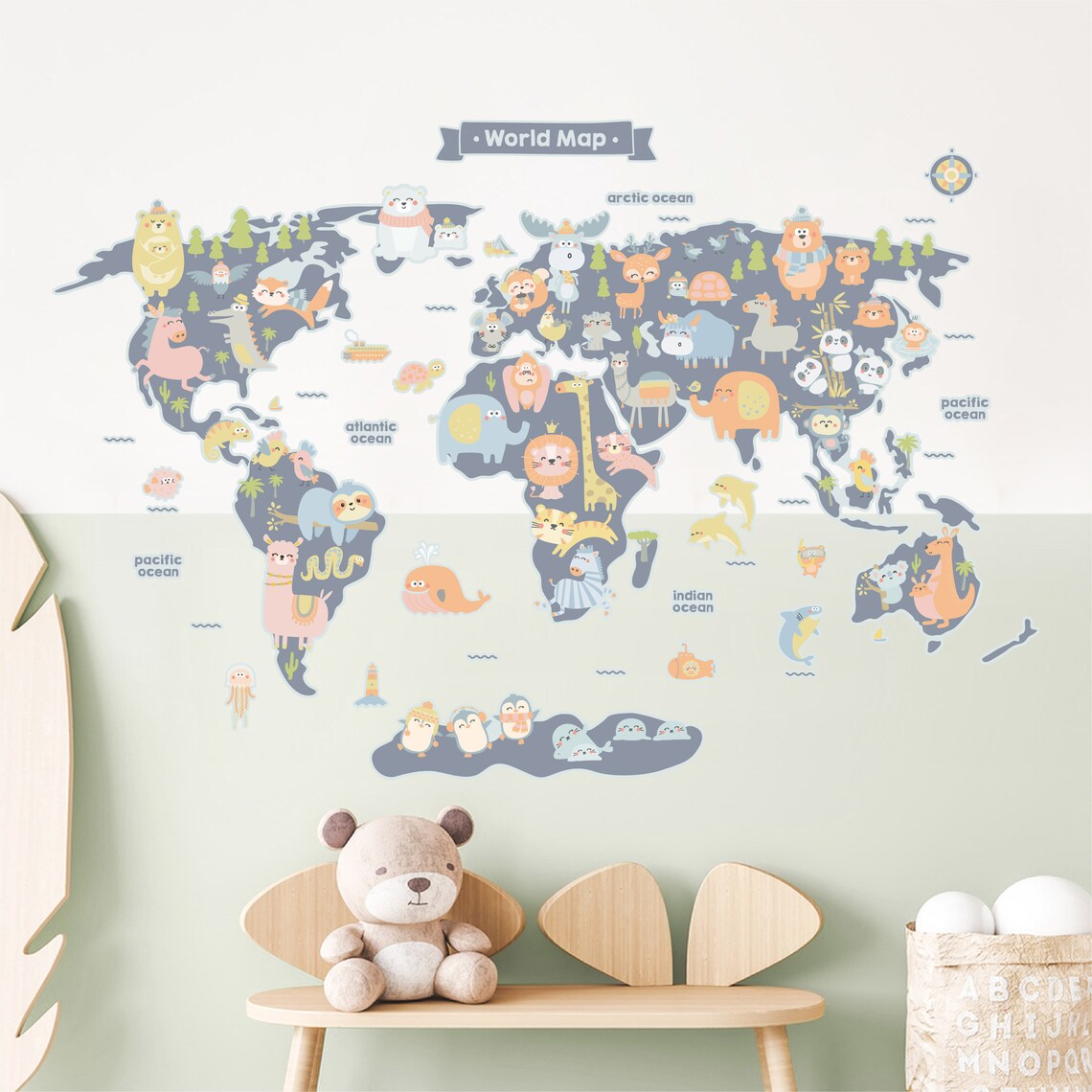 World Map Animal Wall Sticker, Animal World Map Wall Decal, Map Decal ...